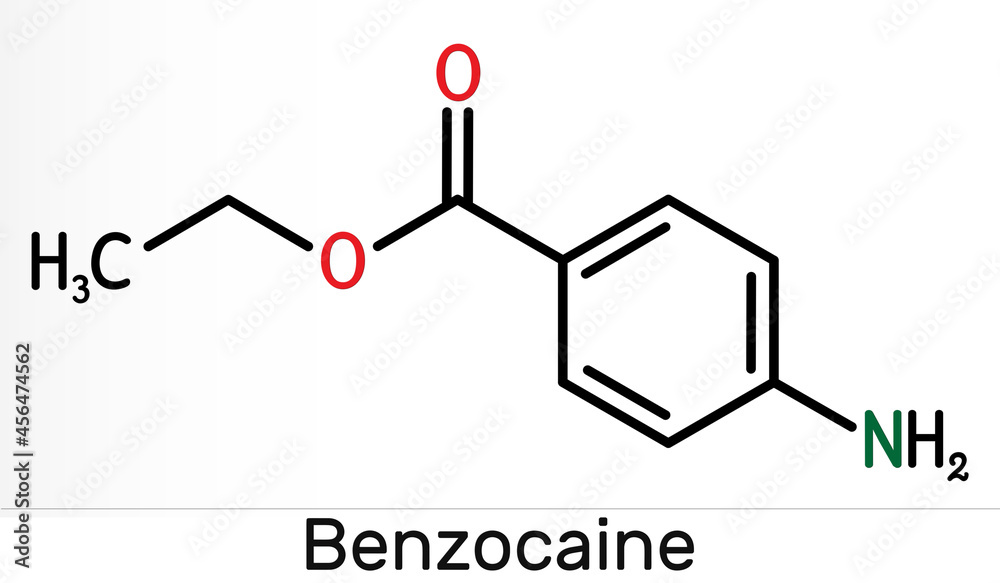 Benzocaine molecule. It is local anesthetic. Skeletal chemical formula ...