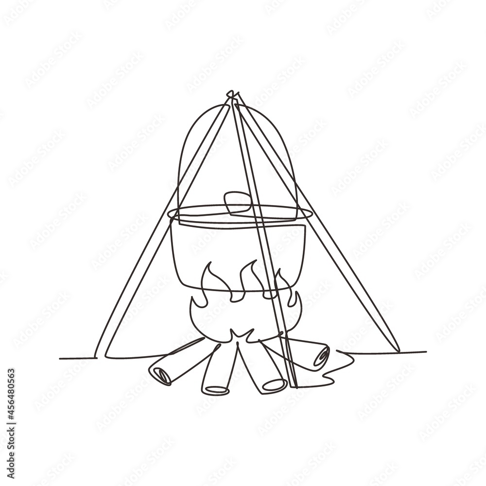 Continuous one line drawing black camping pot over a bonfire. Hot food ...