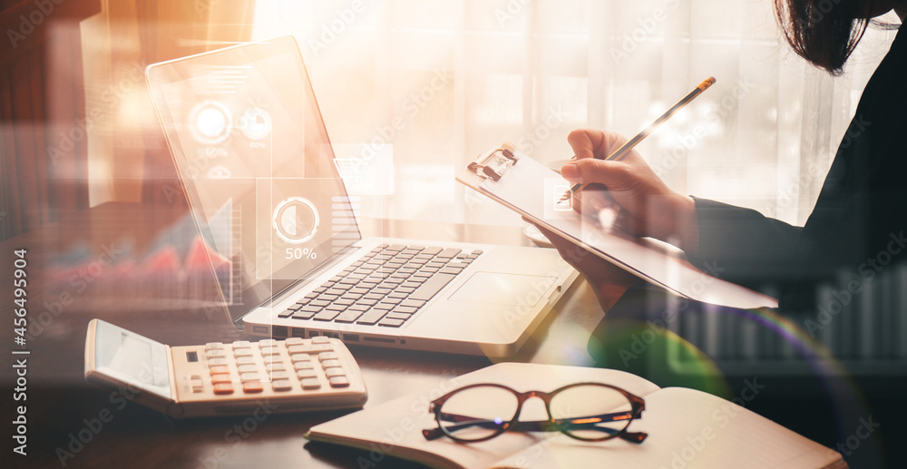 Business people using computer laptop HUD screen display projection ...