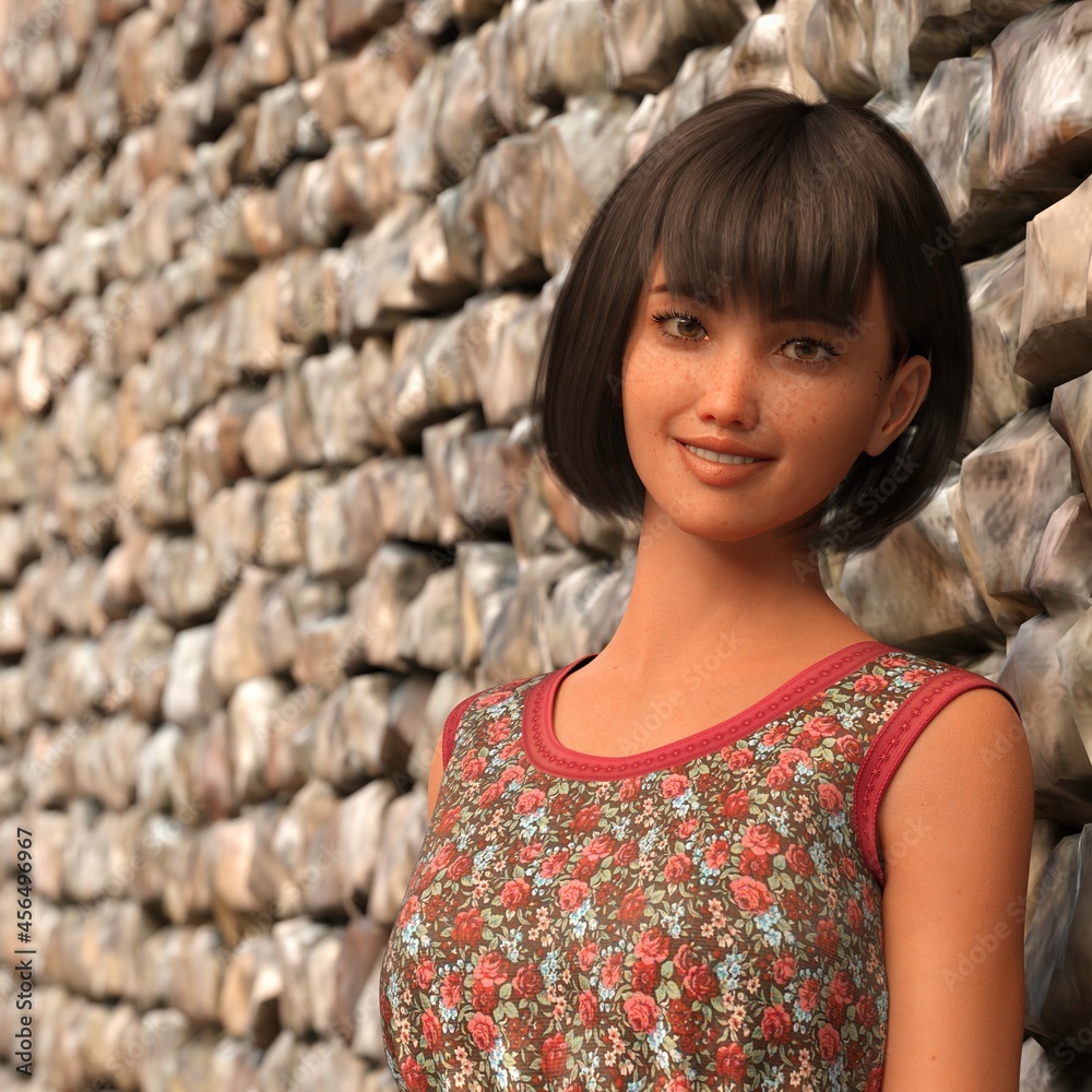 Asian woman posing. Person is not real. She is a 3D render thus no ...