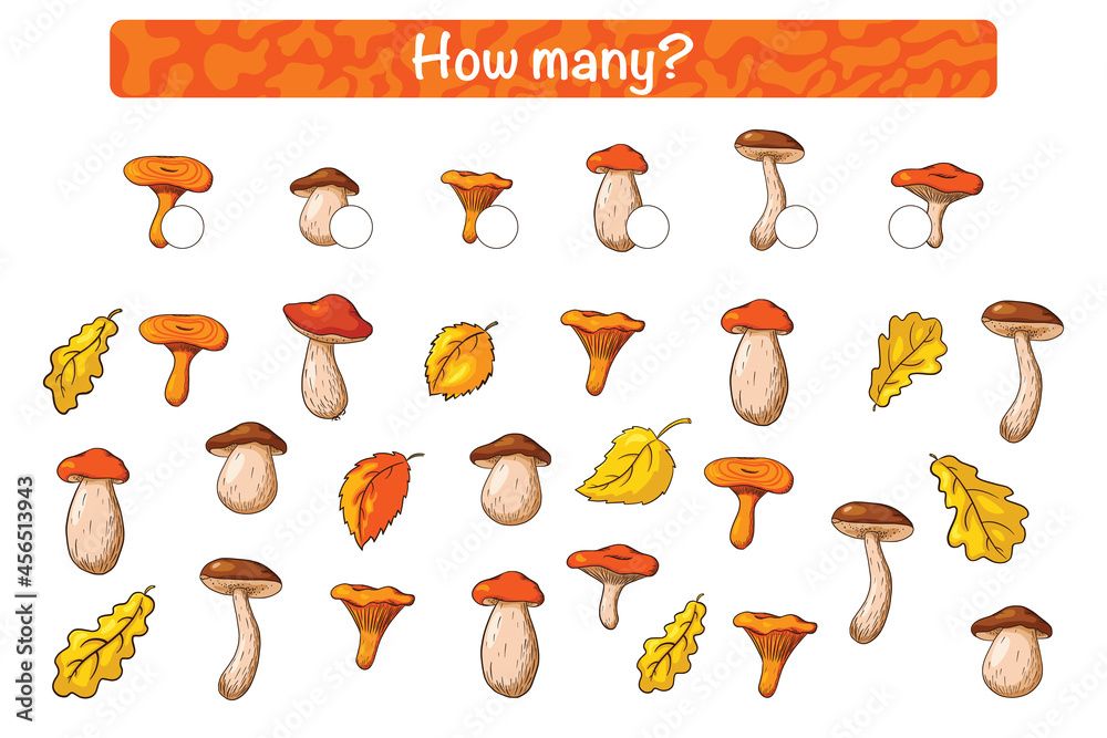 Find and count kids educational game with Forest Mushrooms. Cartoon ...