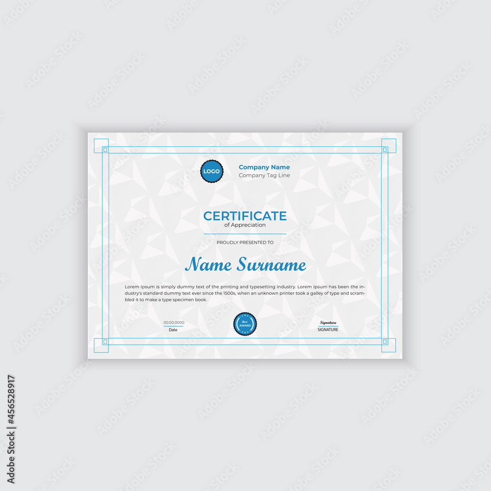 Stylish Blue Color Certificate of appreciation template, blue and black ...