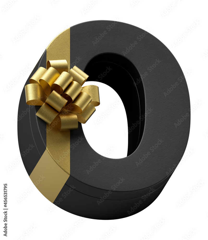 Alphabet letter o gift wrapped in dark black paper with luxury golden ...