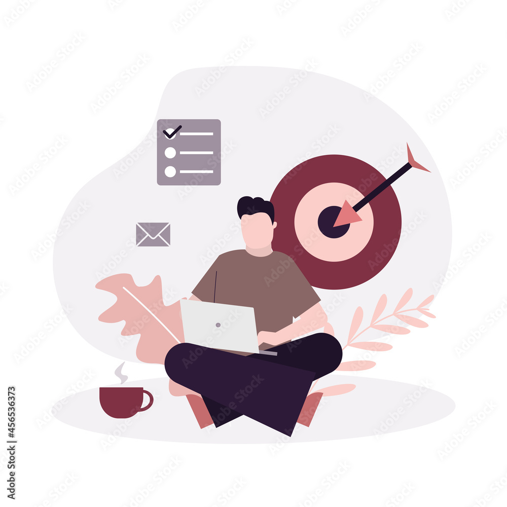 Stay focused concept. Cartoon man working with aim, schedule and new letter. Work in focus ...