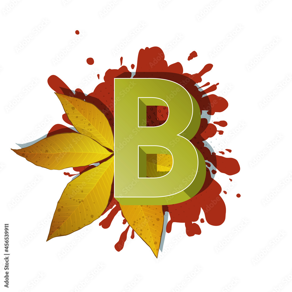 Autumn 3D pop art alphabet, colorful bold letter B and oak leaves on a ...