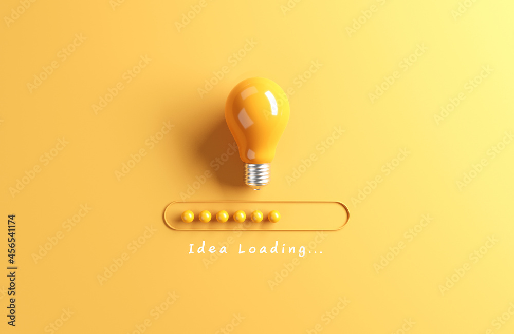 Idea Loading, Loading bar almost complete with idea being processed on a light bulb on yellow ...
