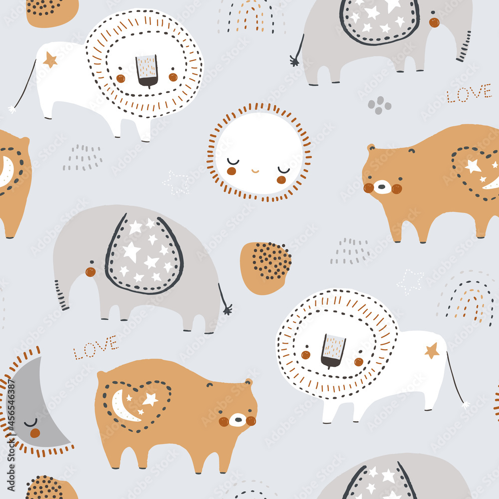 Seamless childish pattern with lion, elephant, bear, sun,moon. Perfect ...