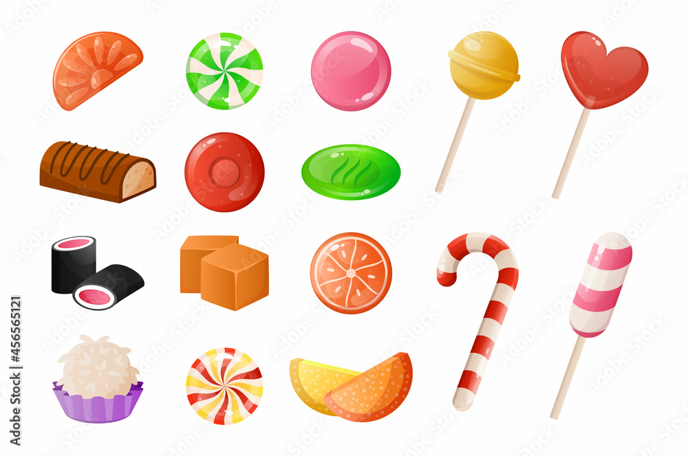 Cartoon candies. Sweet caramel desserts. Lollipop and gummy jelly ...