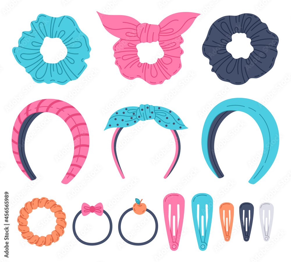 Doodle girls hair accessories. Cartoon woman hair tie, headbands ...