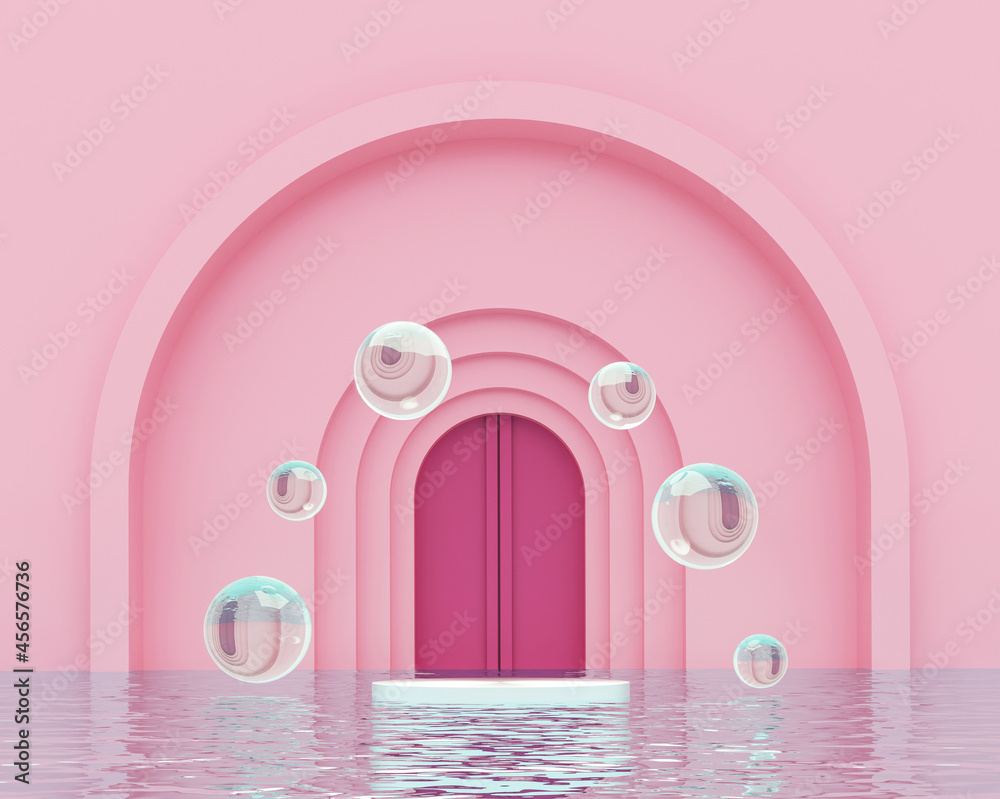 3d rendering floating podium and water drops above blue ocean in front ...