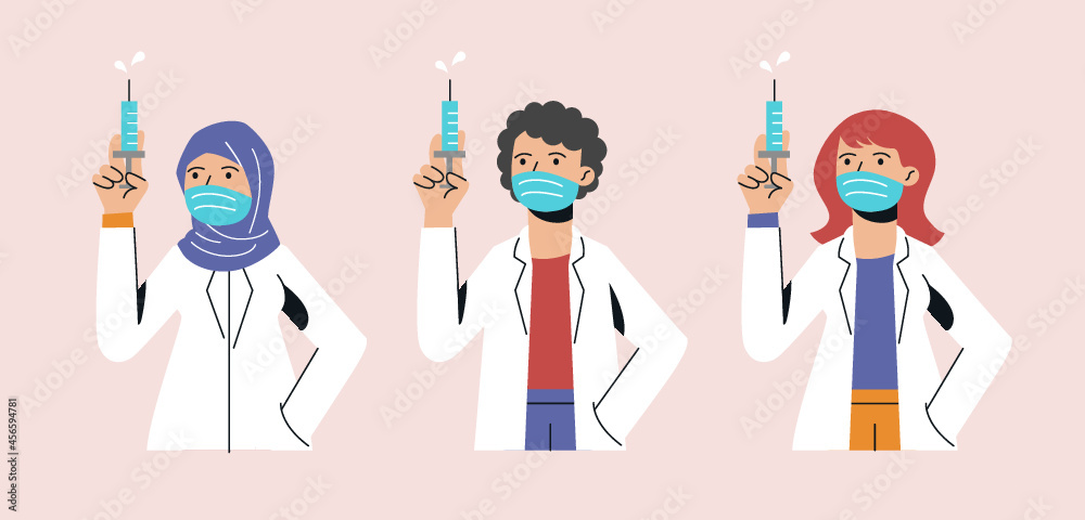 Сovid-19 vaccination. Set of people of different gender holding vaccine ...