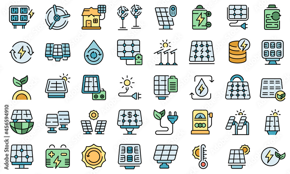 Solar panels icons set outline vector. Invertor solar energy. Panels ...