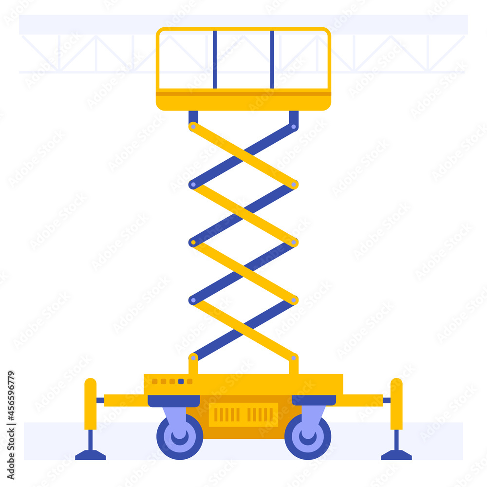 Scissors aerial lift platform with supports and tires. Professional ...