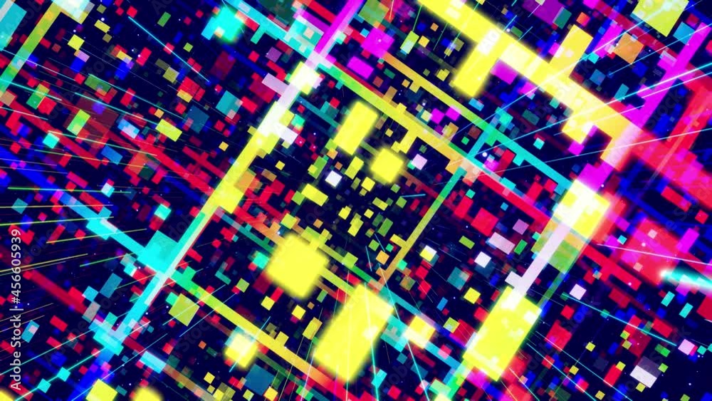 Vidéo Stock Motion graphic, camera fly in art space, multilayer structure with pattern, glow ...
