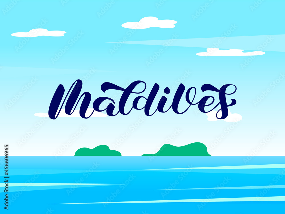 Maldives brush lettering on sea background. Greeting card with flat ...