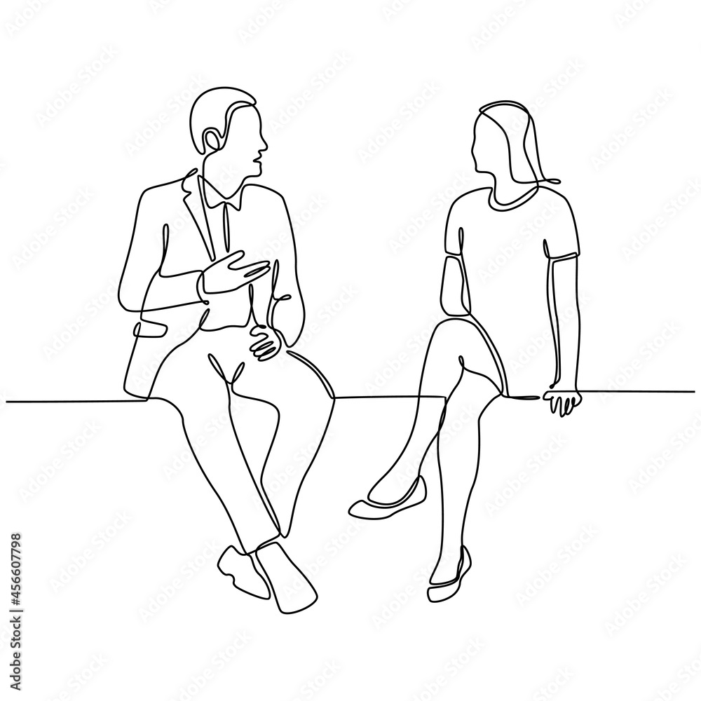 continuous line drawing of young men and women having a conversation ...