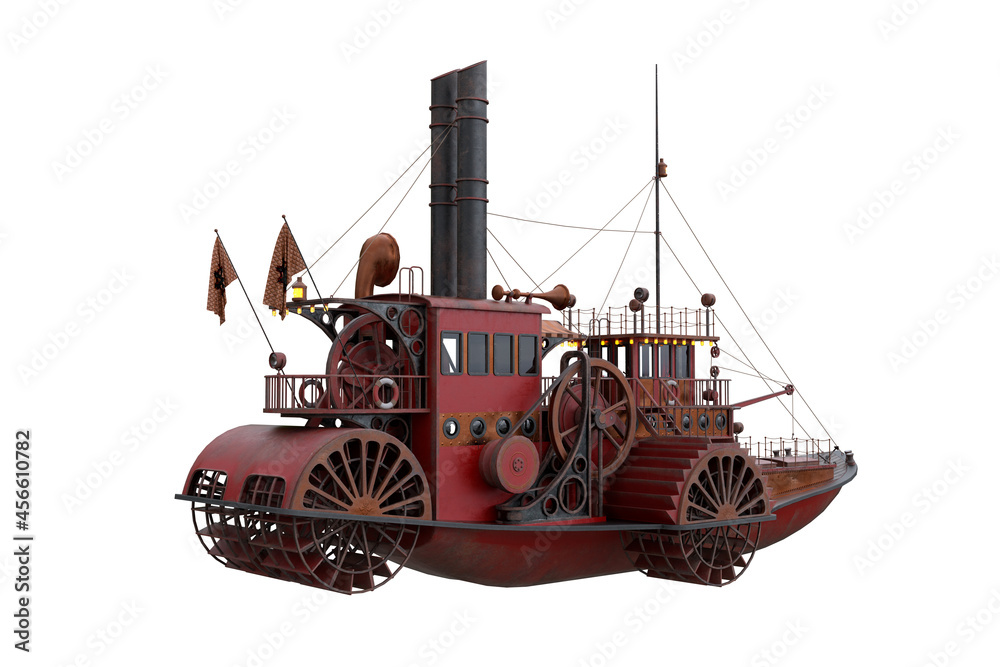 Rear view 3D rendering of a Steampunk styled paddle steamer boat ...