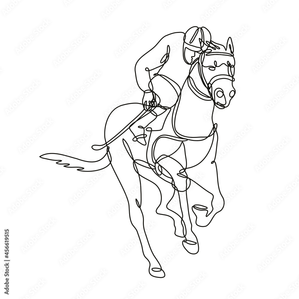 Continuous line drawing illustration of a jockey and horse racing front ...