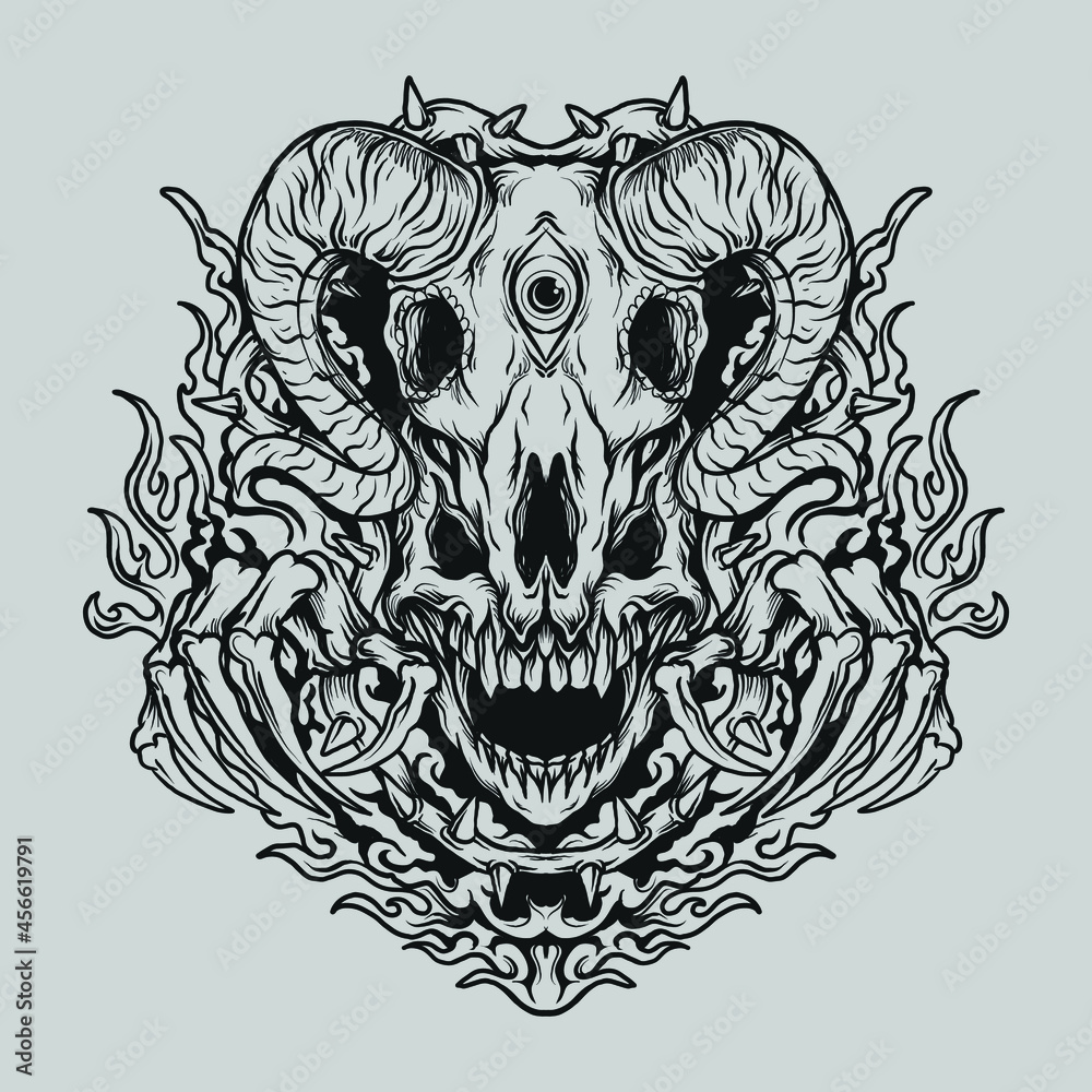 tattoo and t shirt design black and white hand drawn devil skull with ...