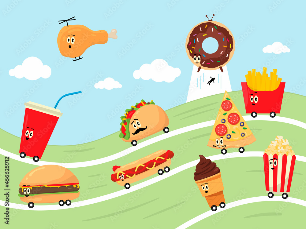 Fast food icons with wheels in cartoon style. Stock Vector | Adobe Stock