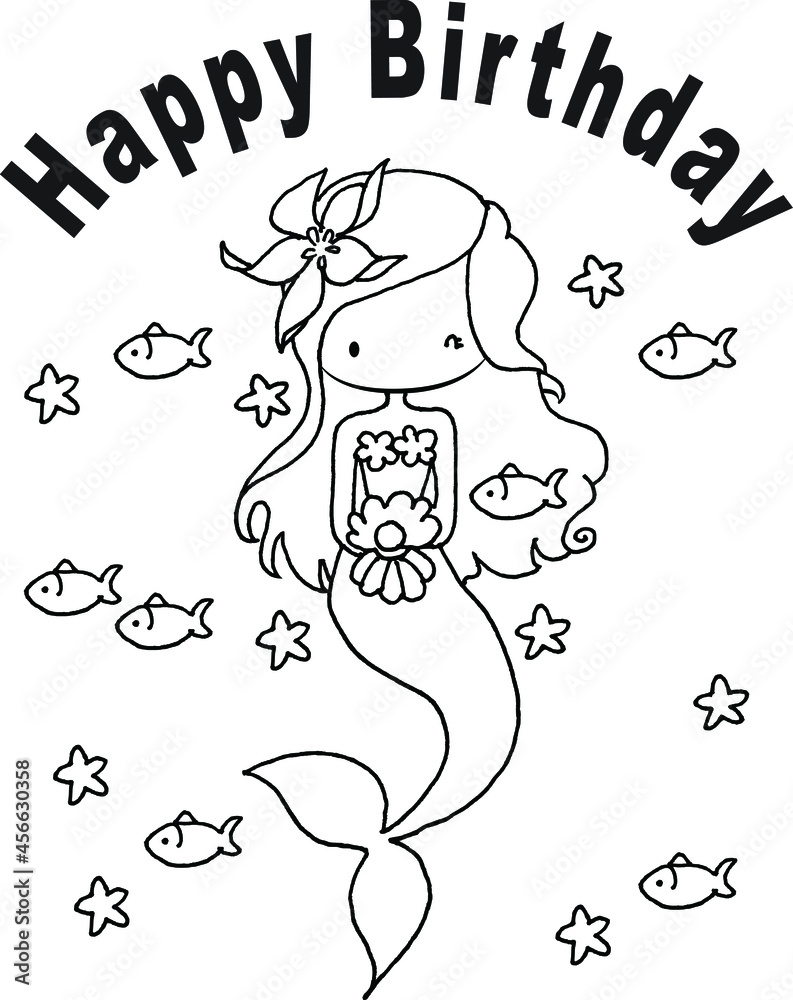 vector cartoon happy birthday card mermaid Stock Vector | Adobe Stock