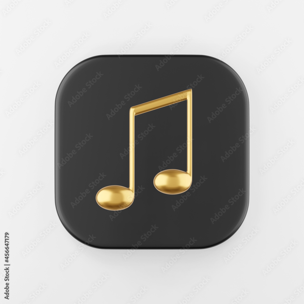 Gold musical note icon in cartoon style. 3d rendering black square button key, interface ui ux ...