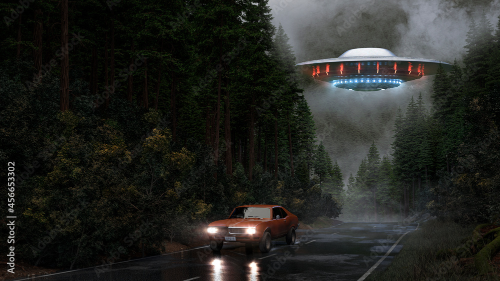 ufo with glowing blue and red light flying over a forest street on a ...