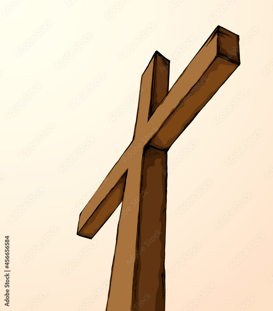 Wooden cross on sky background. Vector drawing Stock Vector | Adobe Stock