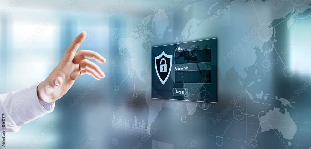 Access window with login and password on virtual screen. Cyber security ...