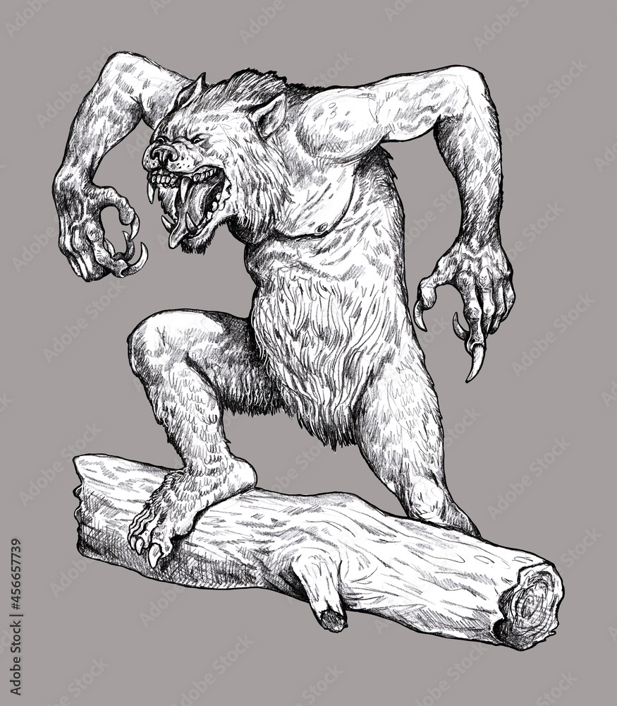 Werewolf attack drawing. Fantasy monster illustration. Halloween ...