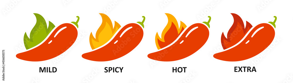 Spice level marks - mild, spicy, hot and extra. Green and red chili ...