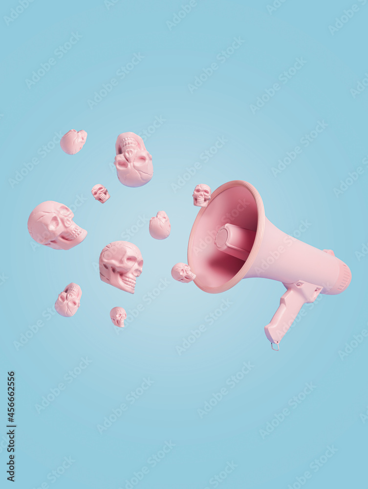 Pastel pink megaphone with plastic pink skulls coming out and flying in ...