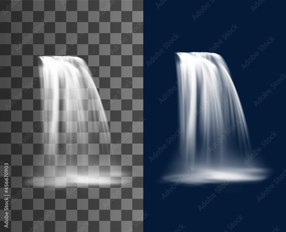 Waterfall cascade, realistic water fall stream, vector pure falling jet ...