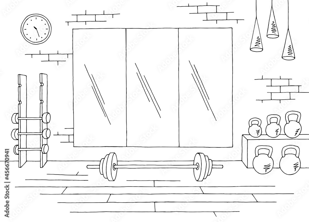 Weightlifting sport gym interior graphic black white sketch ...
