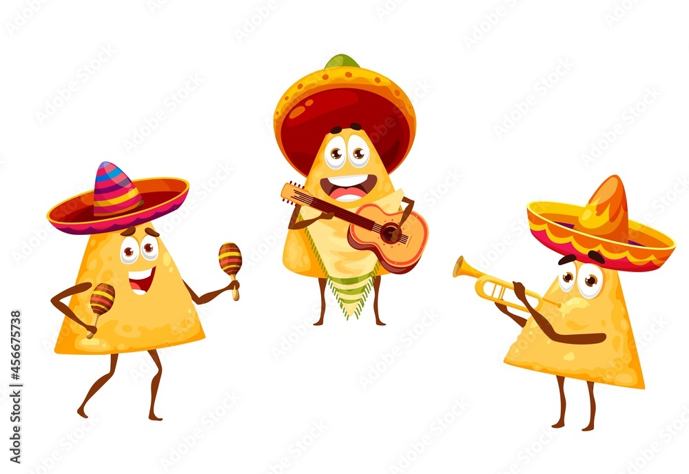 Mexican nachos chips as mariachi musicians in sombreros, vector Mexico ...