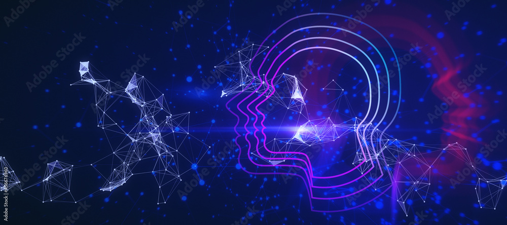 Wide artificial intelligence background with head outline and polygonal ...