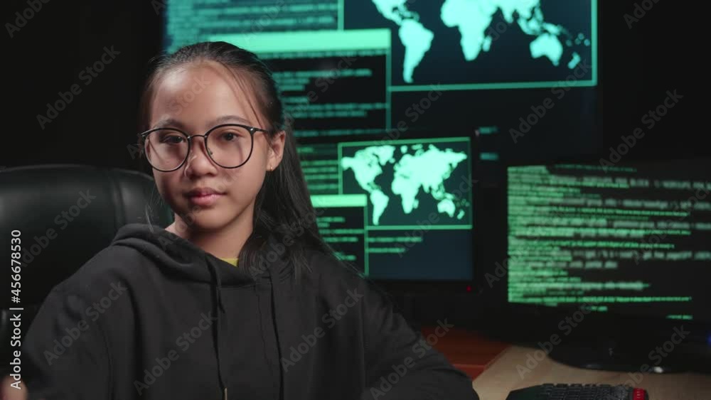 Asian Young Girl Hacker Hacking With Multiple Computer Screens And ...