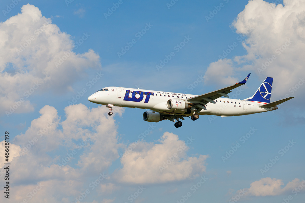 LVIV, UKRAINE - September 12, 2021: lot polish airlines embraer 195 ...