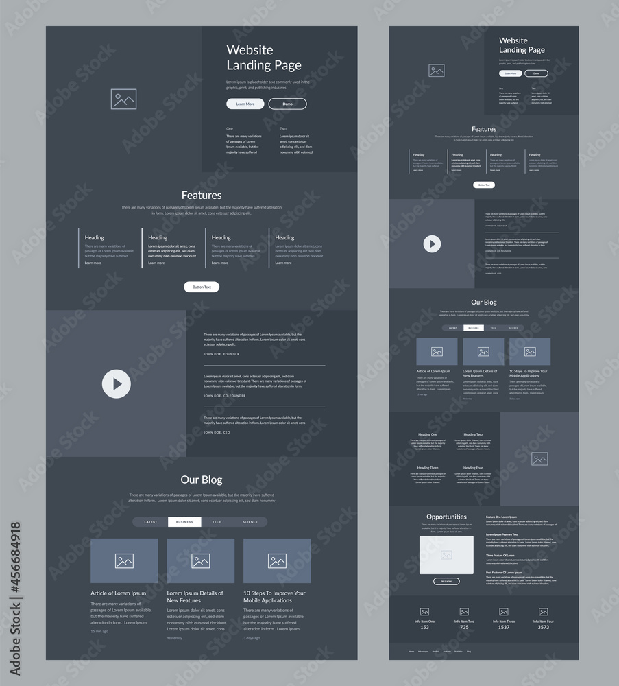 Landing page design. Dark site wireframe layout interface. Stock Vector | Adobe Stock
