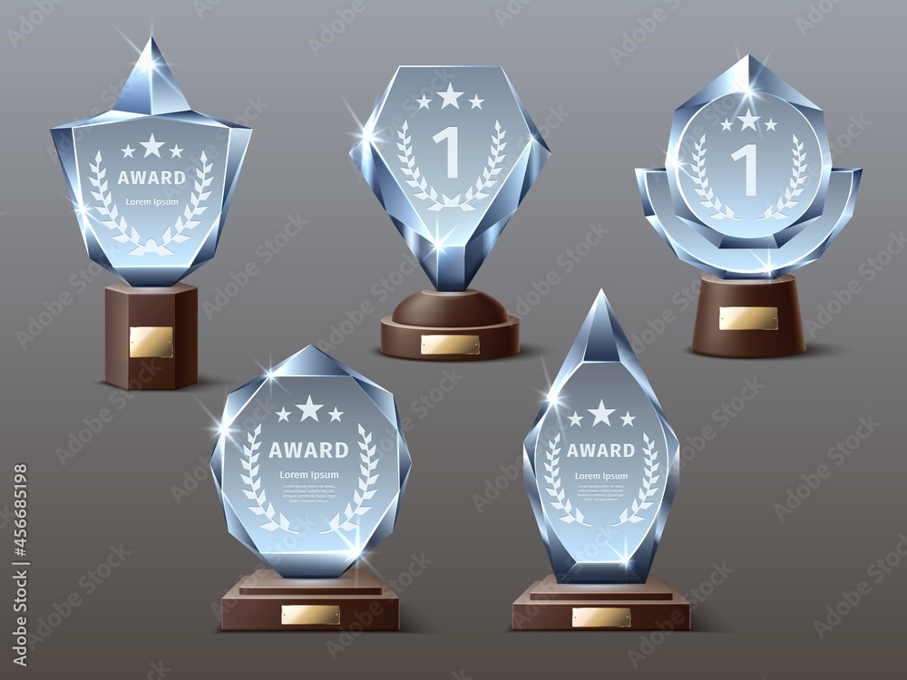 Glass award trophy. Realistic crystal prize trophies with engraved ...