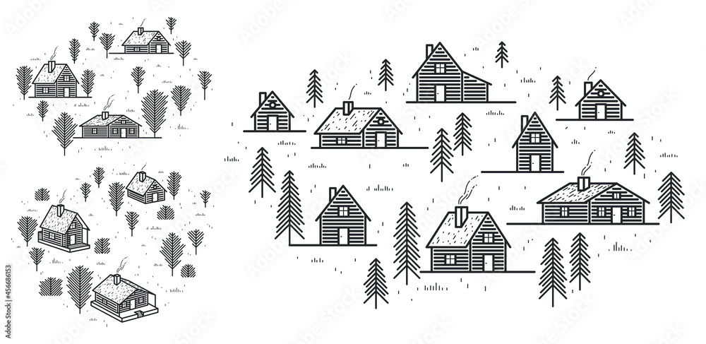 Rural village in woods linear vector illustration isolated on white ...