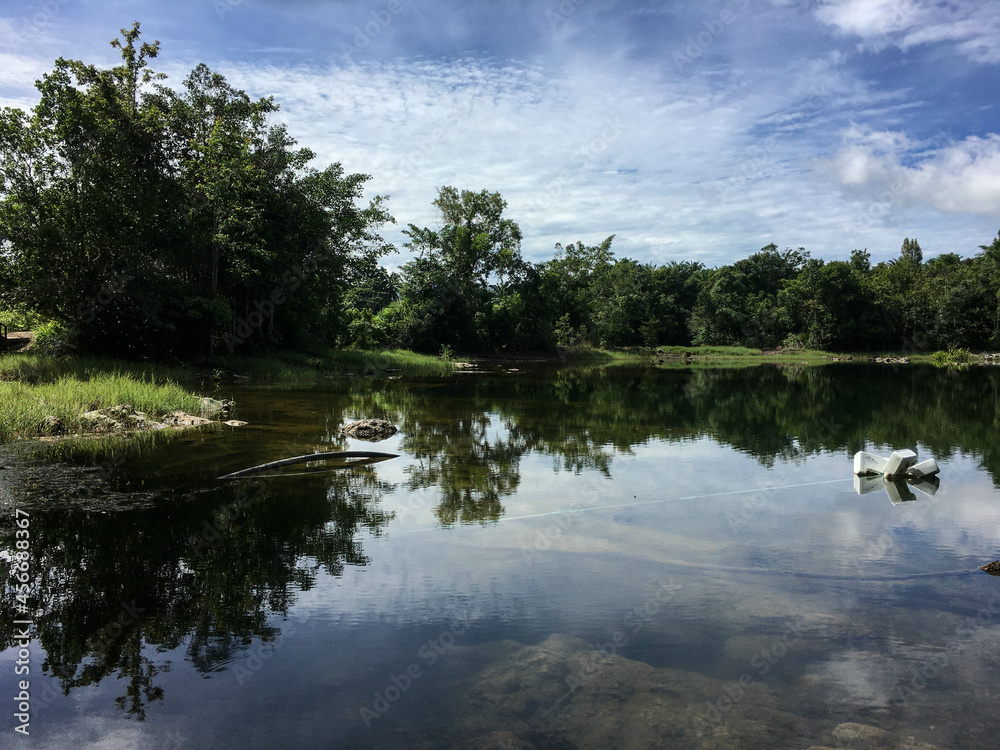 Reflection of the trees and cloudy sky on clean water of Song Hong lake ...