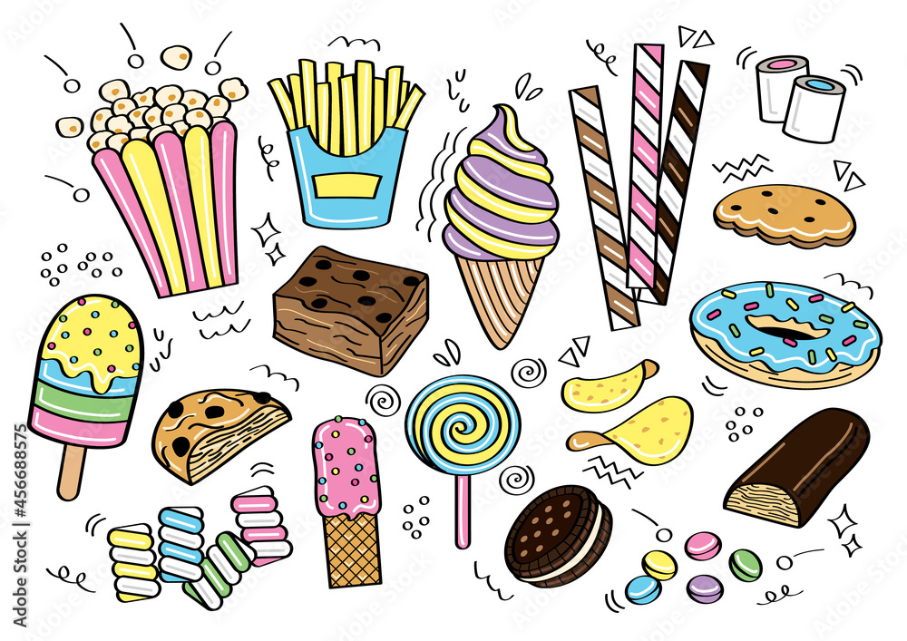 cute girly pastel snack graphic element vector set in doodle style ...