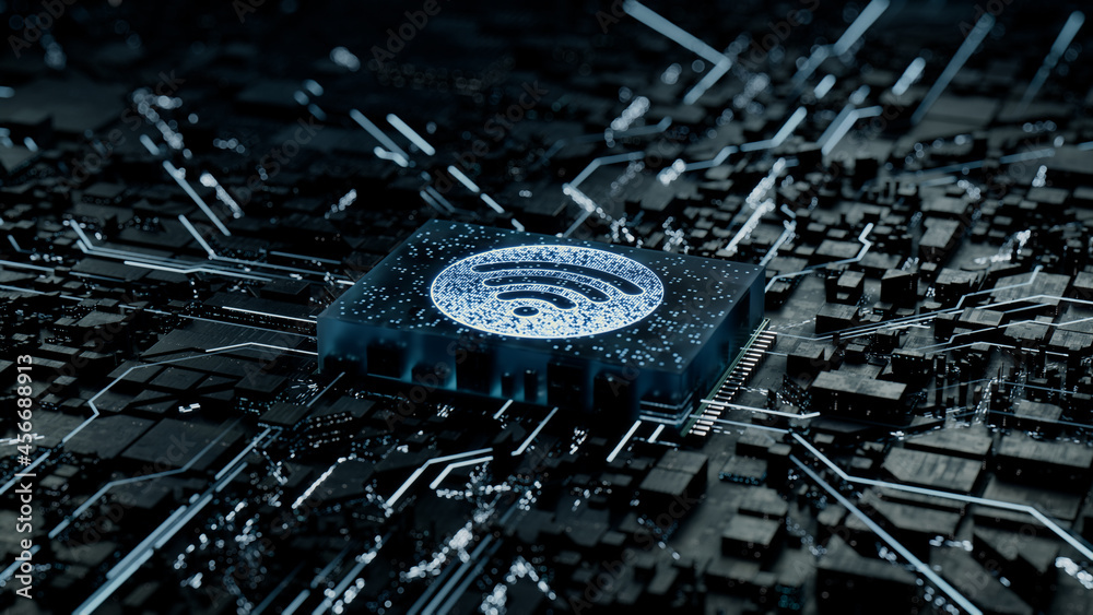 Wireless Technology Concept with wifi symbol on a Microchip. Data flows ...