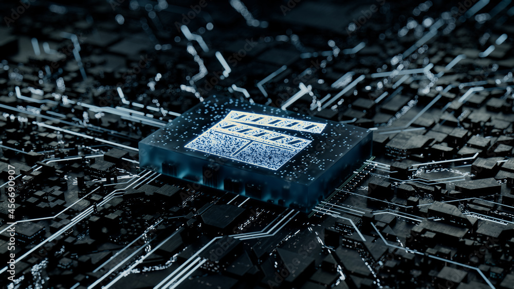 Entertainment Technology Concept with movie symbol on a Microchip. Data ...