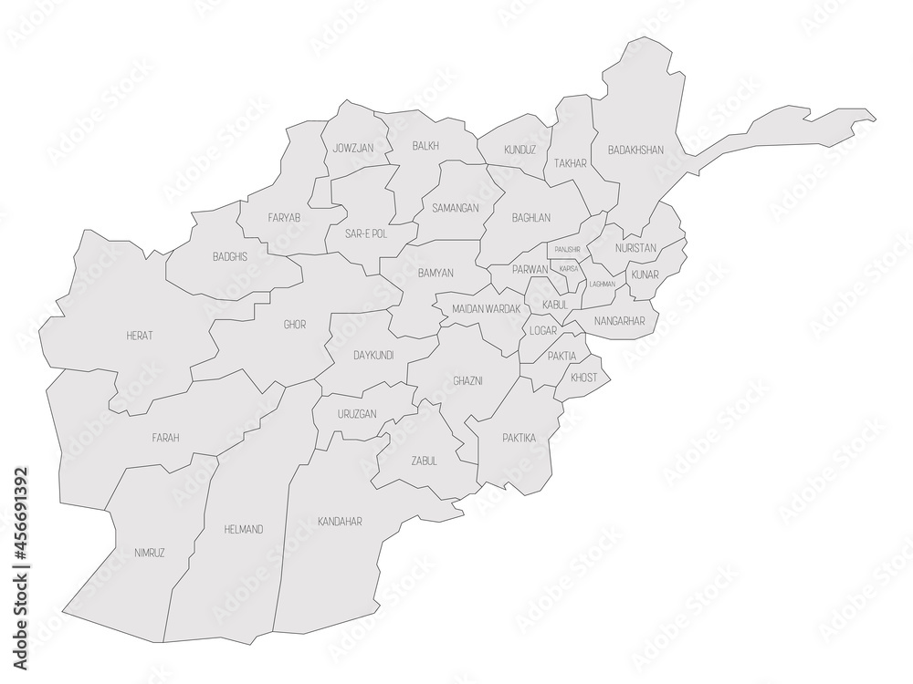 Solid grey political map of Afghanistan. Administrative divisions ...