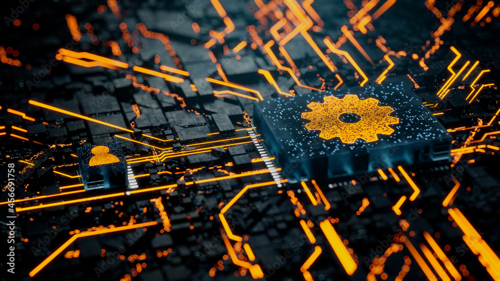 Configure Technology Concept with cog symbol on a Microchip. Orange ...