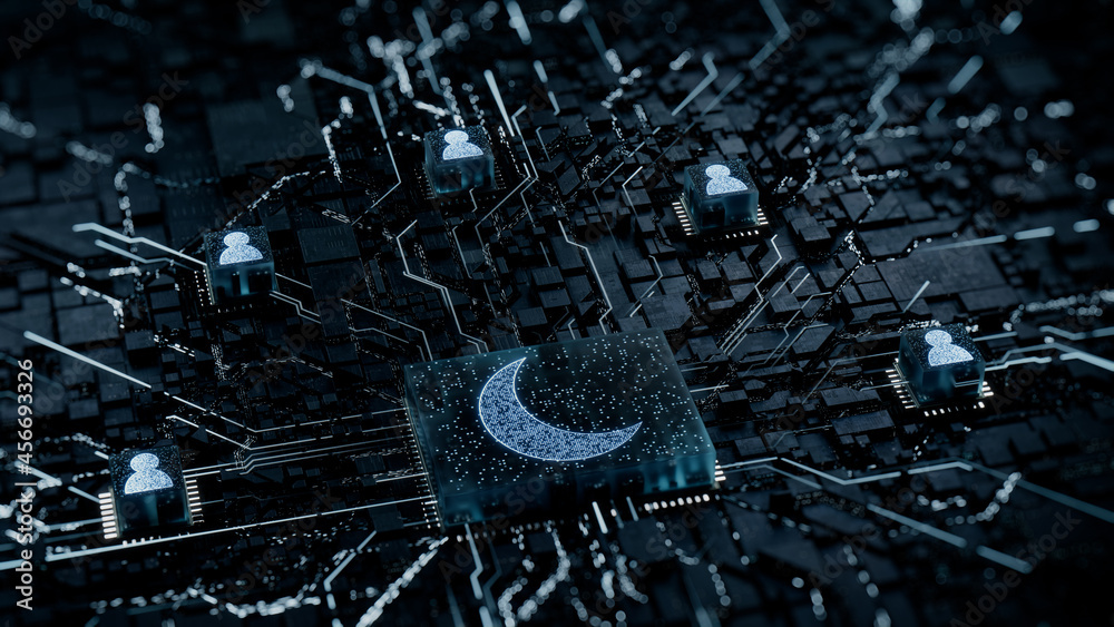 Night mode Technology Concept with moon symbol on a Microchip. White ...