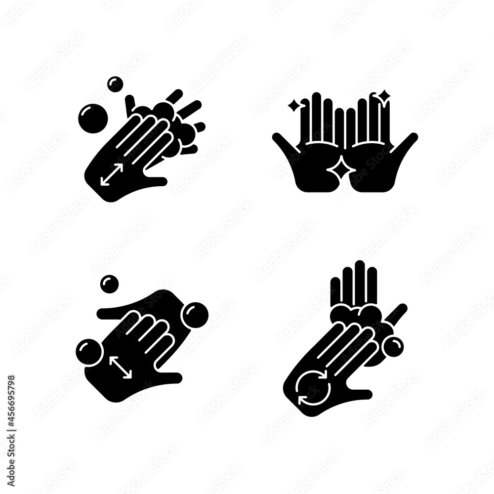 Washing hands instruction black glyph icons set on white space. Rubbing ...