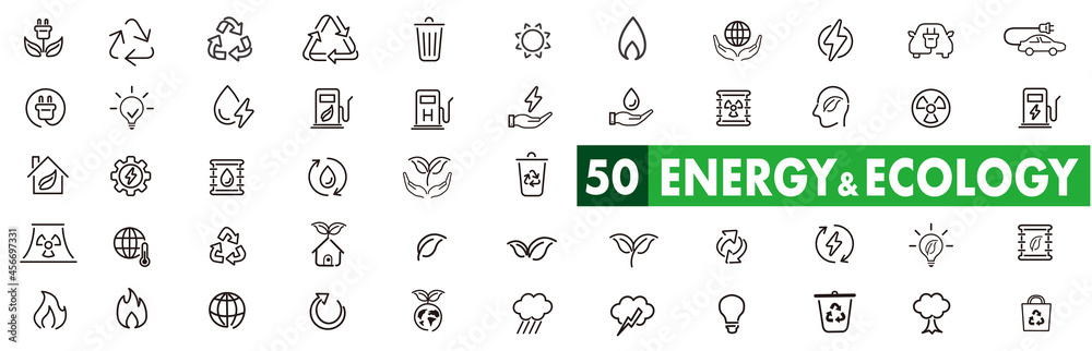 Set of green energy thin line icons. Icons for renewable energy, green ...